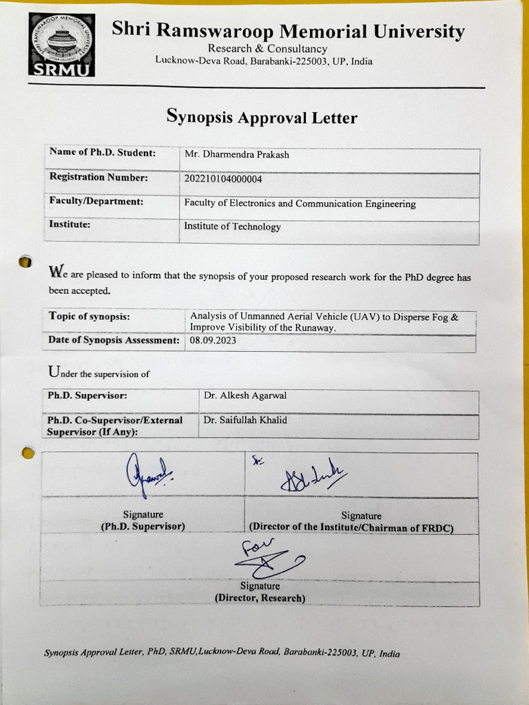 Shri Ramswaroop Memorial University: Synopsis Approval Letter | PDF