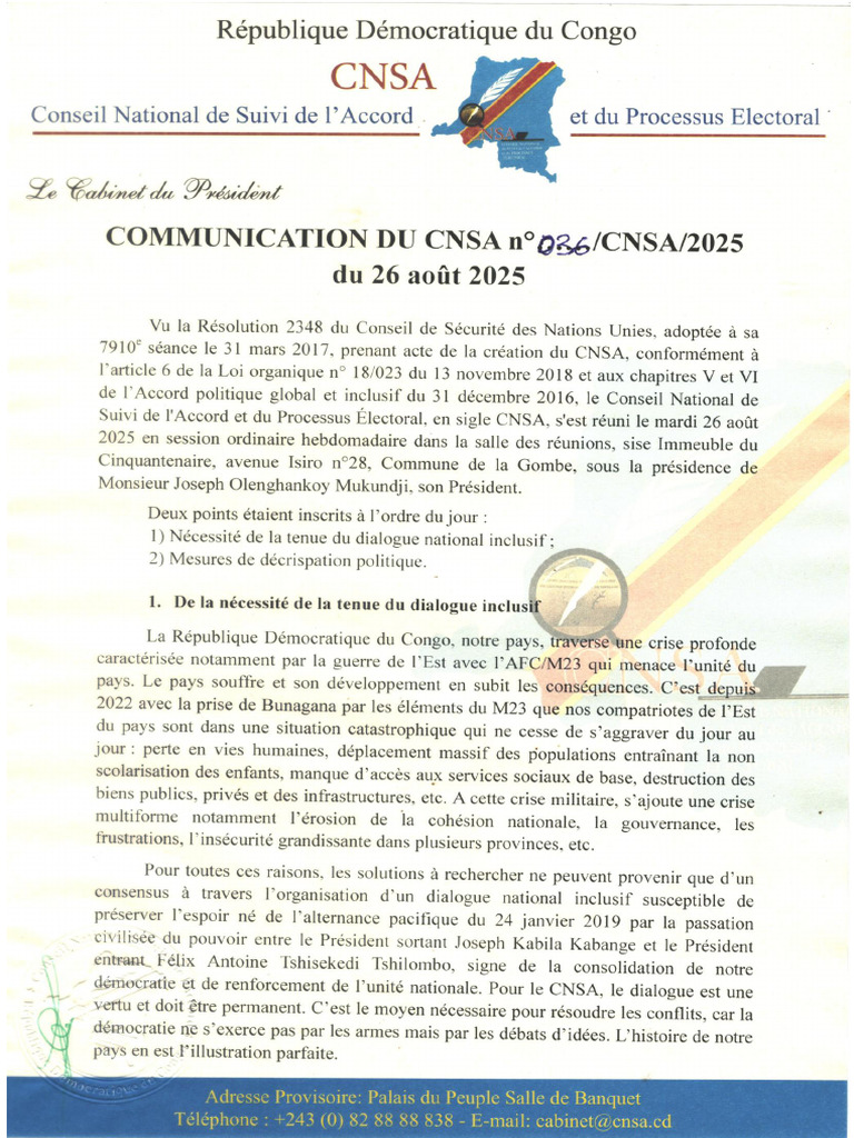 Communication Du CNSA N° 036-CNSA-025 Du 26 Août 2025 | PDF