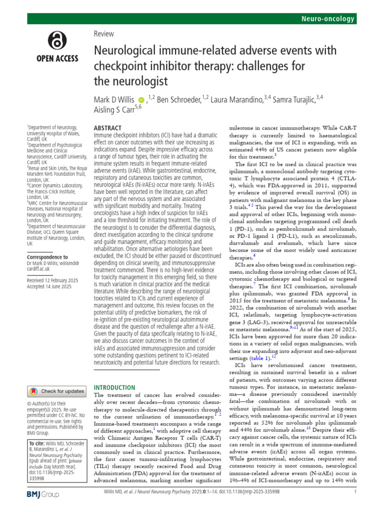 Neurological Adverse Events in ICI Therapy | PDF | T Cell | Immune System