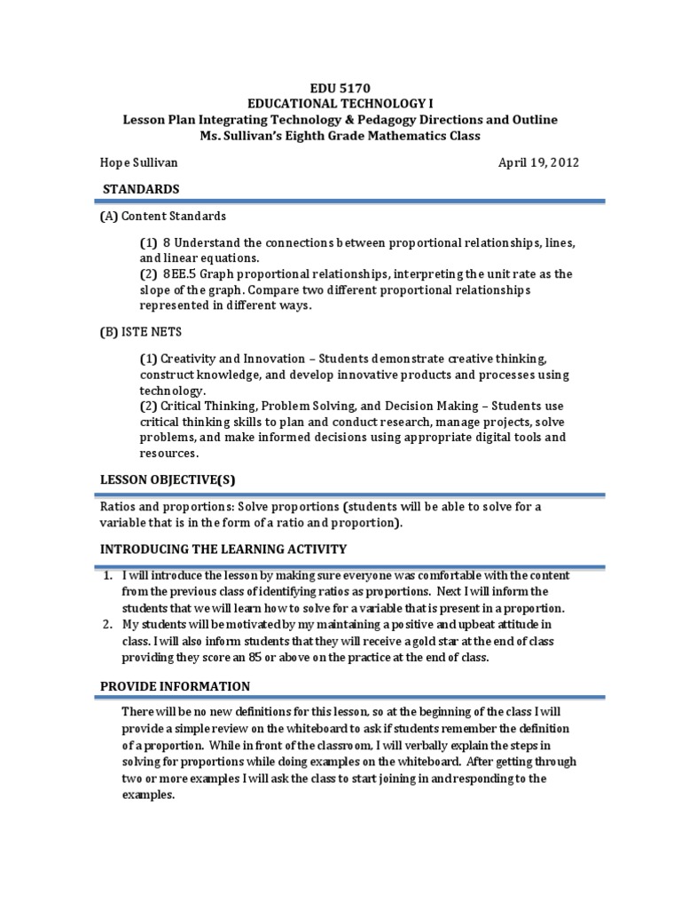 Eighth Grade Proportion Lesson Plan | PDF | Lesson Plan | Critical Thinking