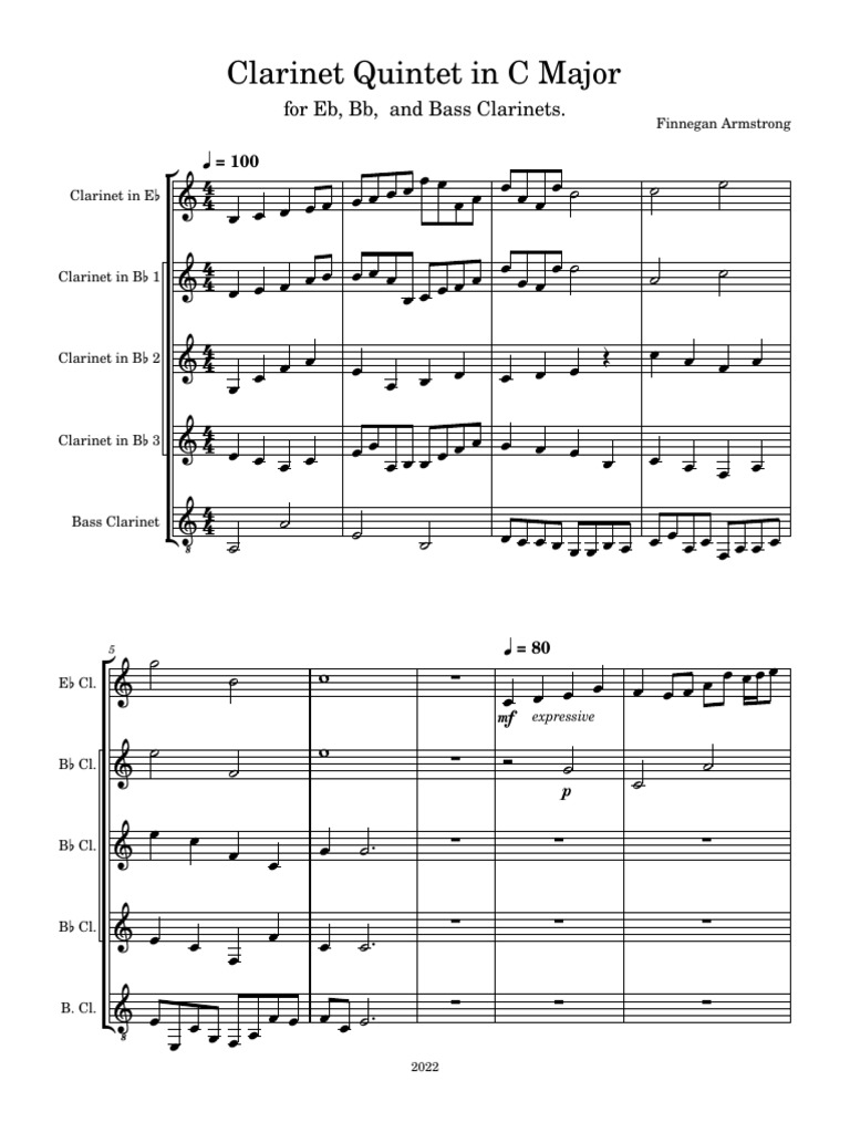 Clarinet Quintet in C Major | PDF | E Flat Clarinet | Woodwind Instruments