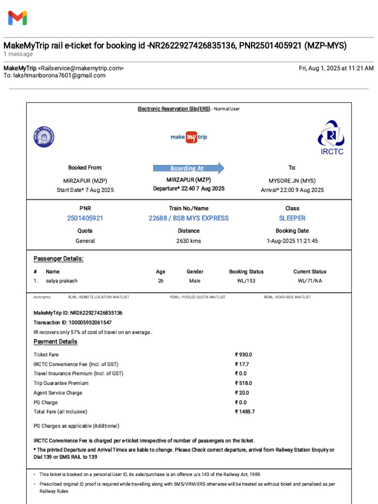 Gmail - MakeMyTrip Rail E-Ticket For Booking Id - NR2622927426835136 ...