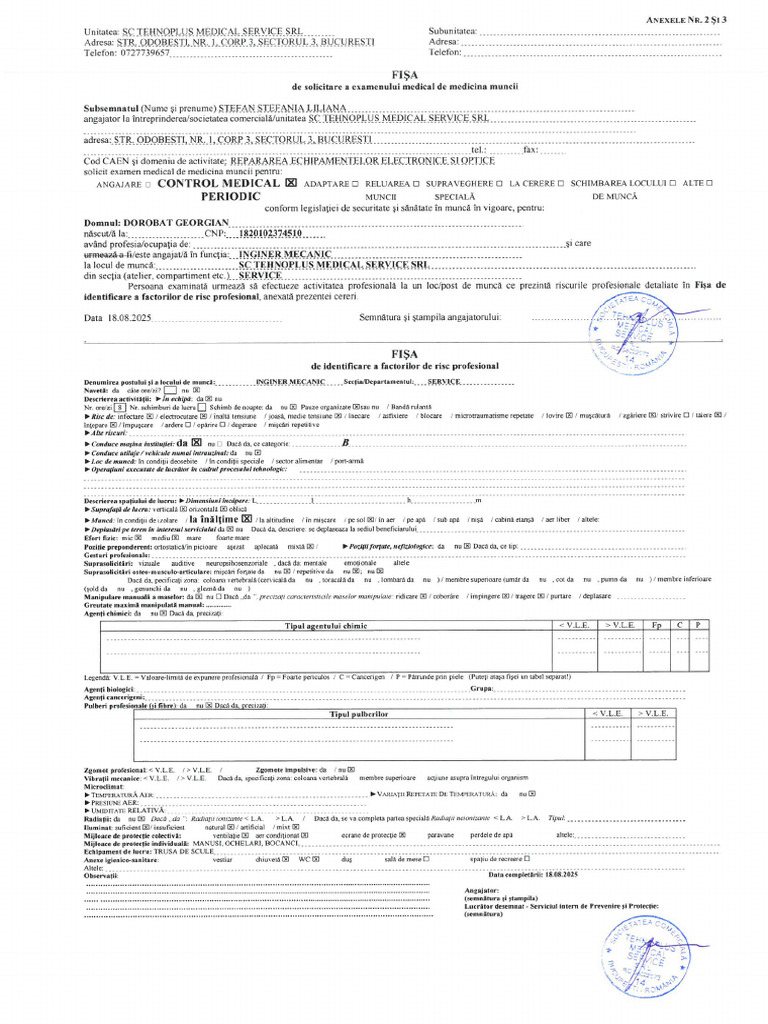 Fisa de Solicitare + Identificare A Factorilor de Risc Profesional ...