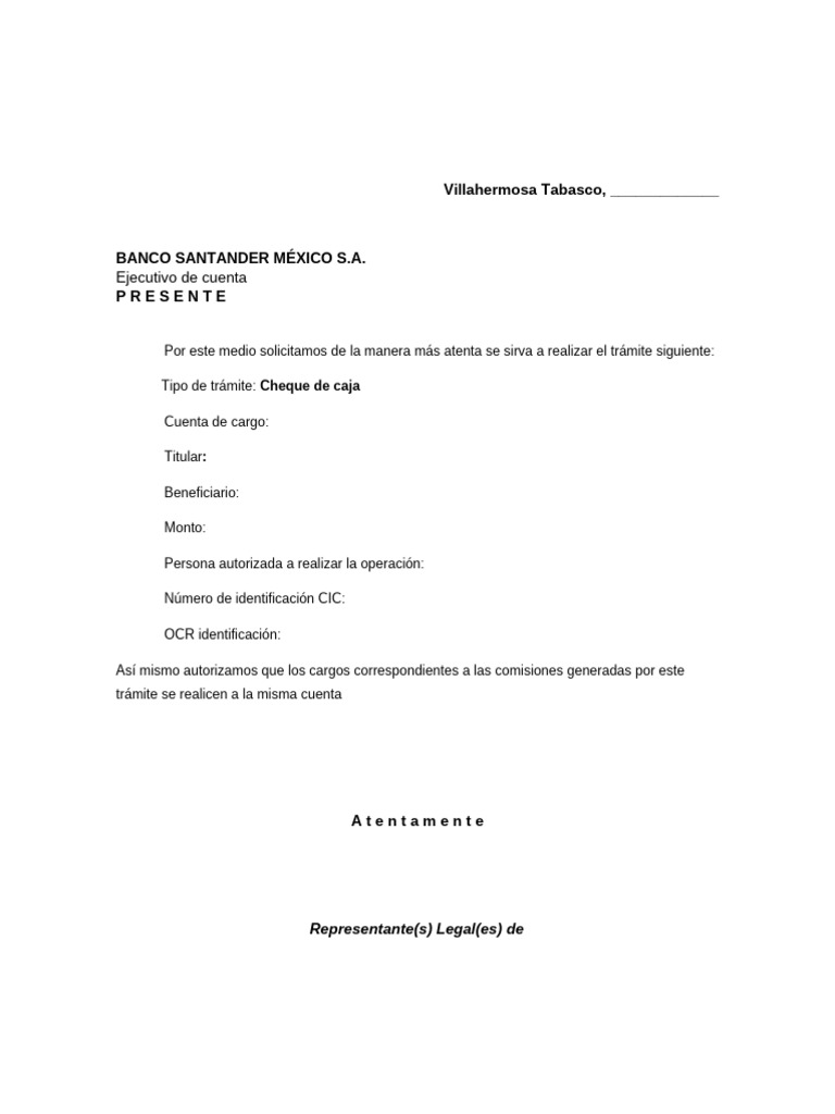 Solicitud de Cheque de Caja Santander | PDF