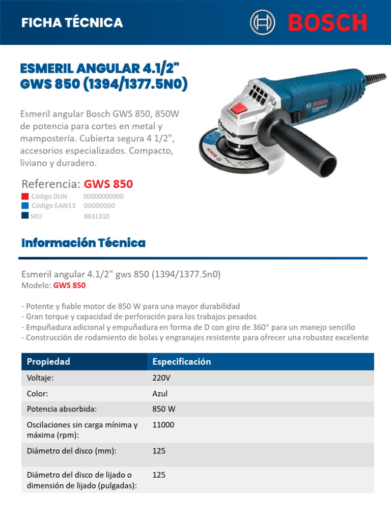 Ficha Técnica Esmeril GWS 850 Bosch | PDF
