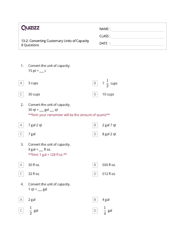 13-2 - Converting Customary Units of Capacity | PDF | Gallon | Chess ...