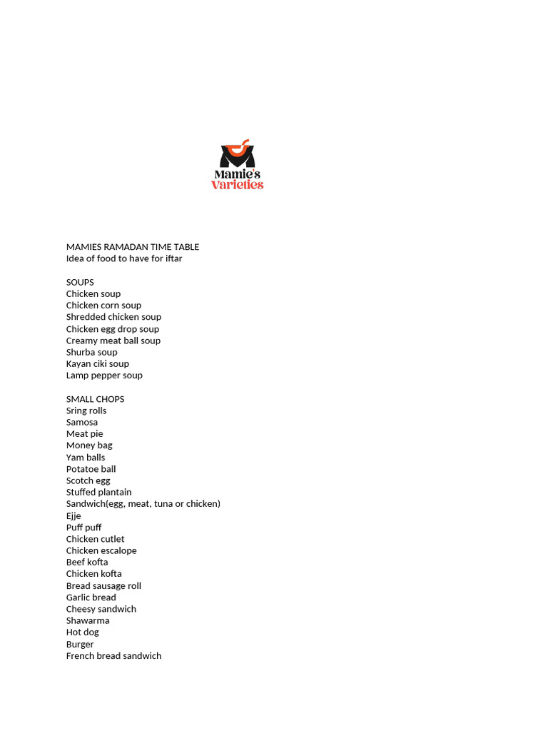 Ramadan Iftar Menu and Timetable | PDF