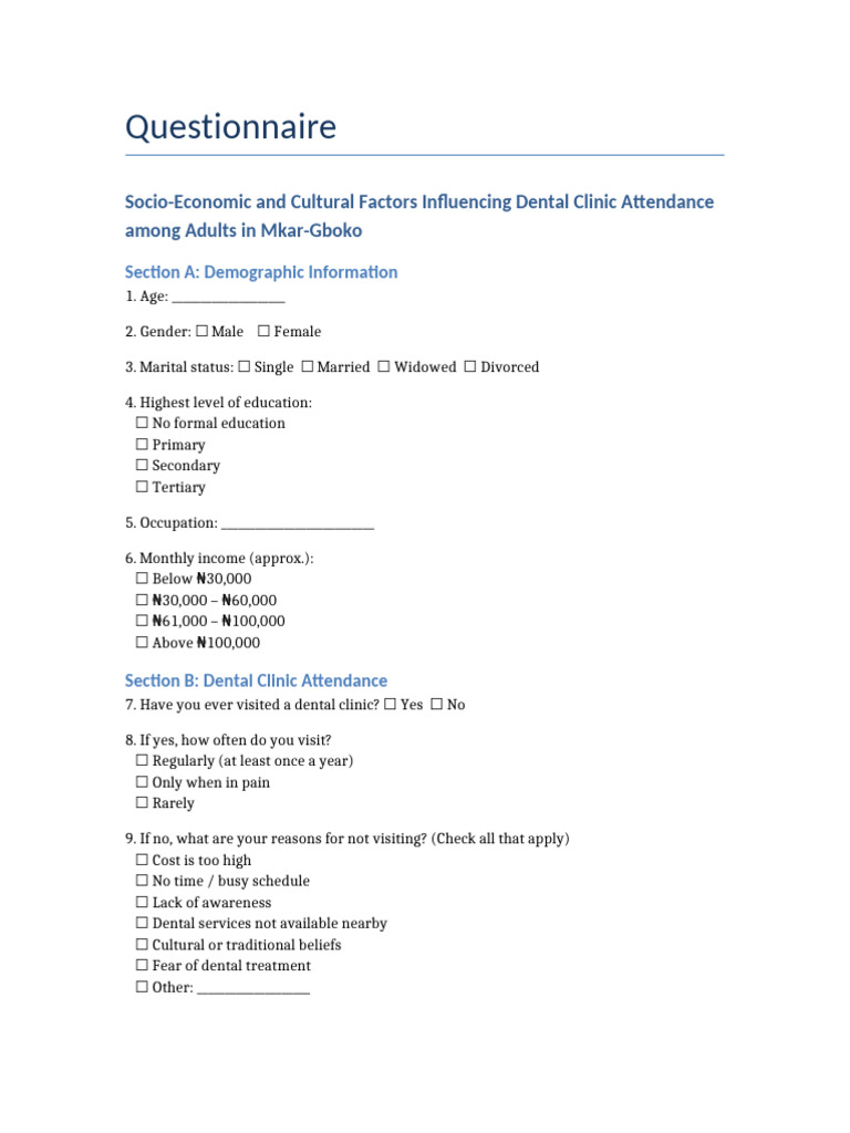 Dental Clinic Attendance Questionnaire | PDF