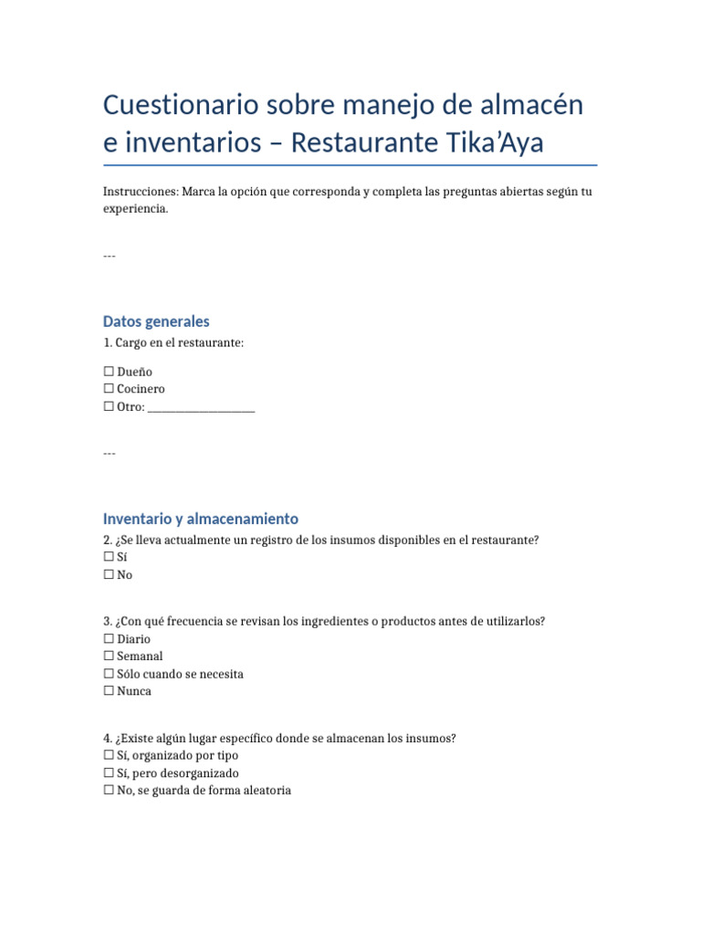 Cuestionario Almacen Inventarios Tikaya | PDF