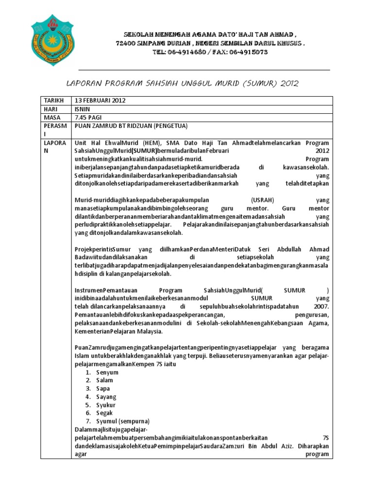 Laporan Program Sahsiah Unggul Murid Pdf 