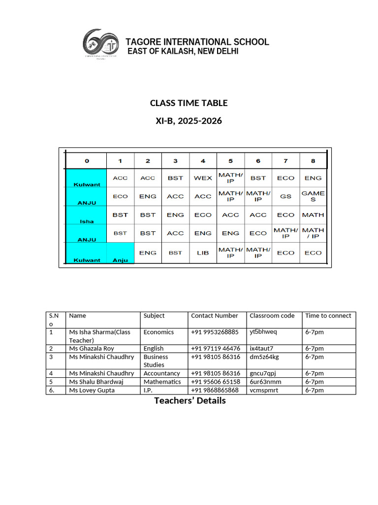 Class Xi B Timetable and Teachers' Details | PDF