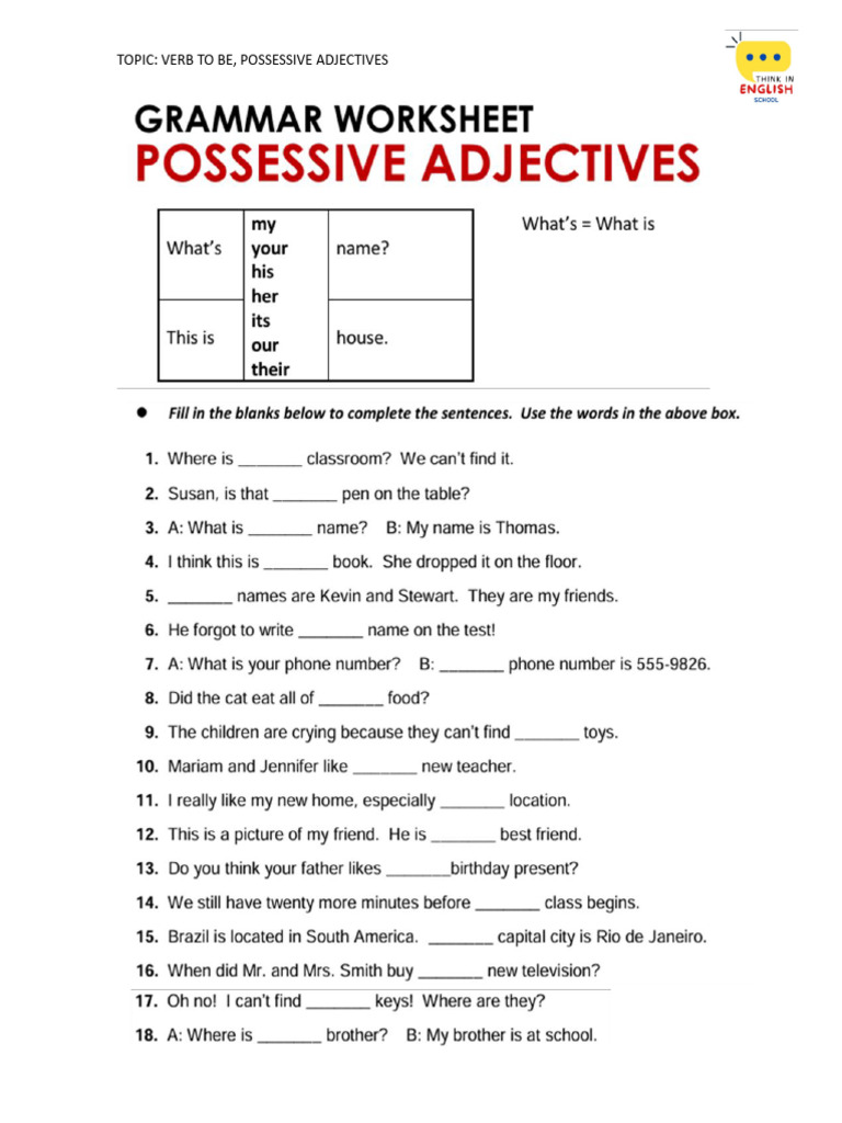 Hw - Verb to Be, Possessive Adjectives | PDF
