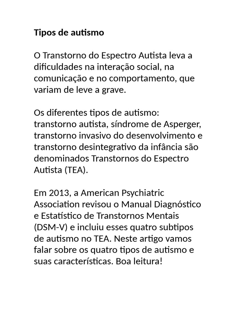 Tipos de Autismo | PDF | Autismo | Síndrome de Asperger