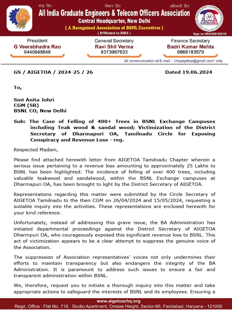 GS AIGETOA 2024-25-26 Incidence of Dharmapuri OA Letter DTD 19.06.2024 ...