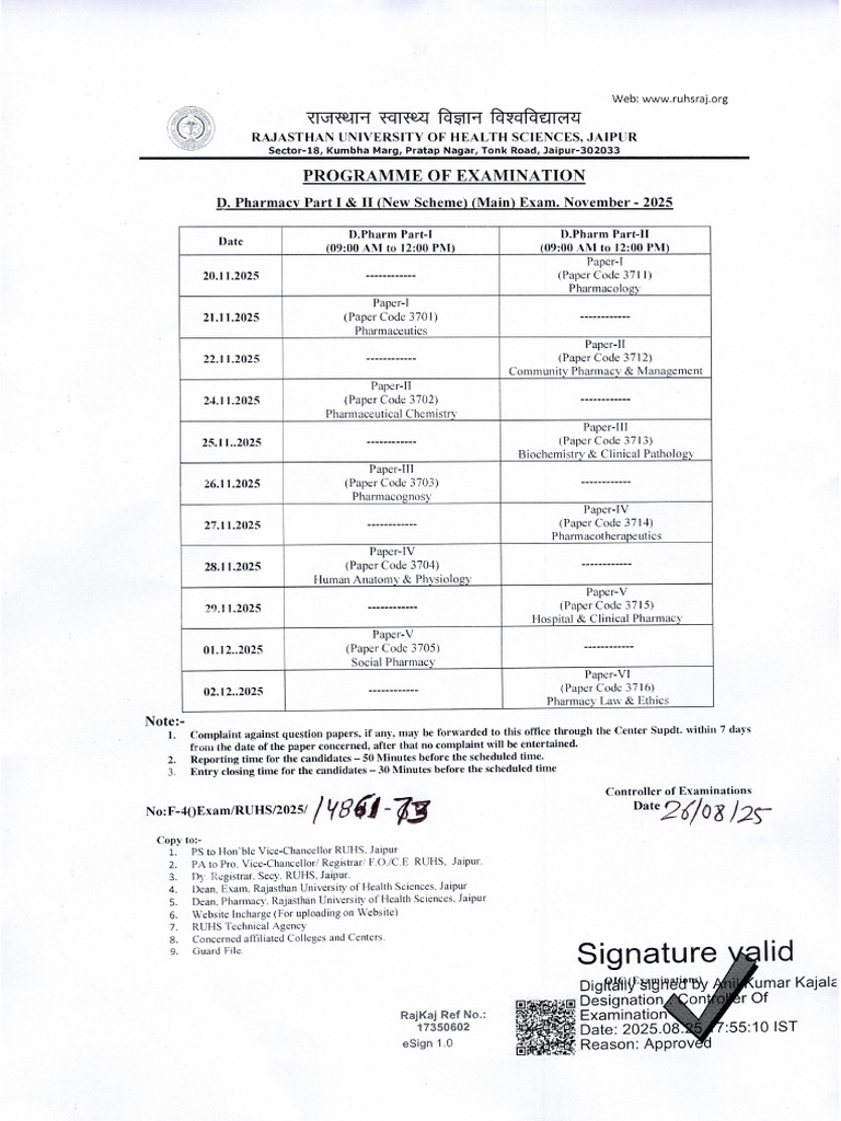 Time Table of D Pharmacy Part I & Part II (New Scheme) Exam November 2025 | PDF
