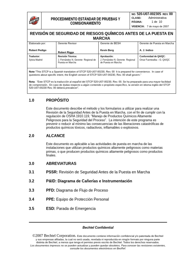 Revisión de Seguridad de Riesgos Químicos Antes de La Puesta en Marcha ...