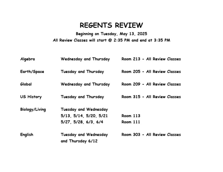 Regents Review Class Schedule 2025 | PDF