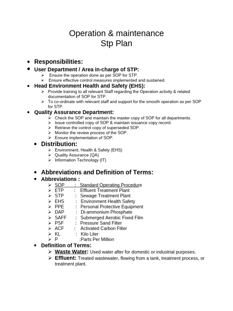 Operation Maintainence Manual For STP | PDF | Sewage Treatment | Filtration
