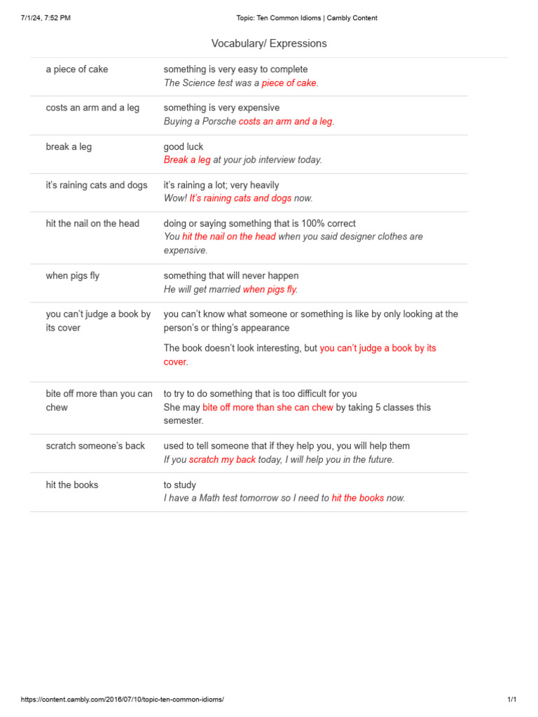 Ten Common Idioms | PDF