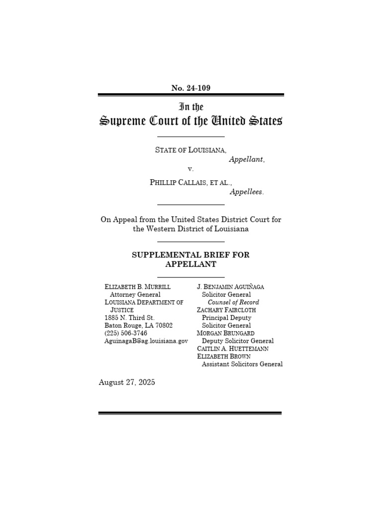 Louisiana v. Callais - Supplemental Opening Merits Brief | PDF | Equal ...