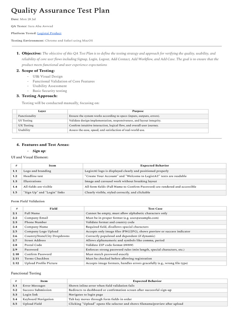 Quality Assurance Test Plan - Legistai Product | PDF | Software Testing ...