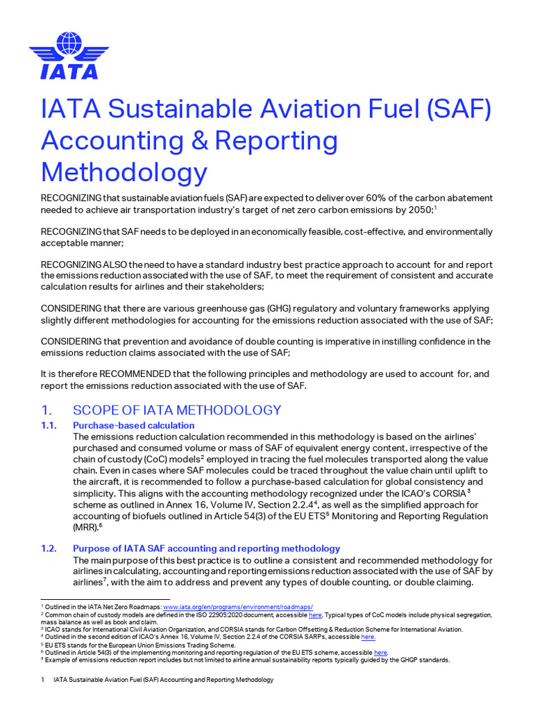 Iata Sustainable Aviation Fuel Saf Accounting Reporting Methodology ...