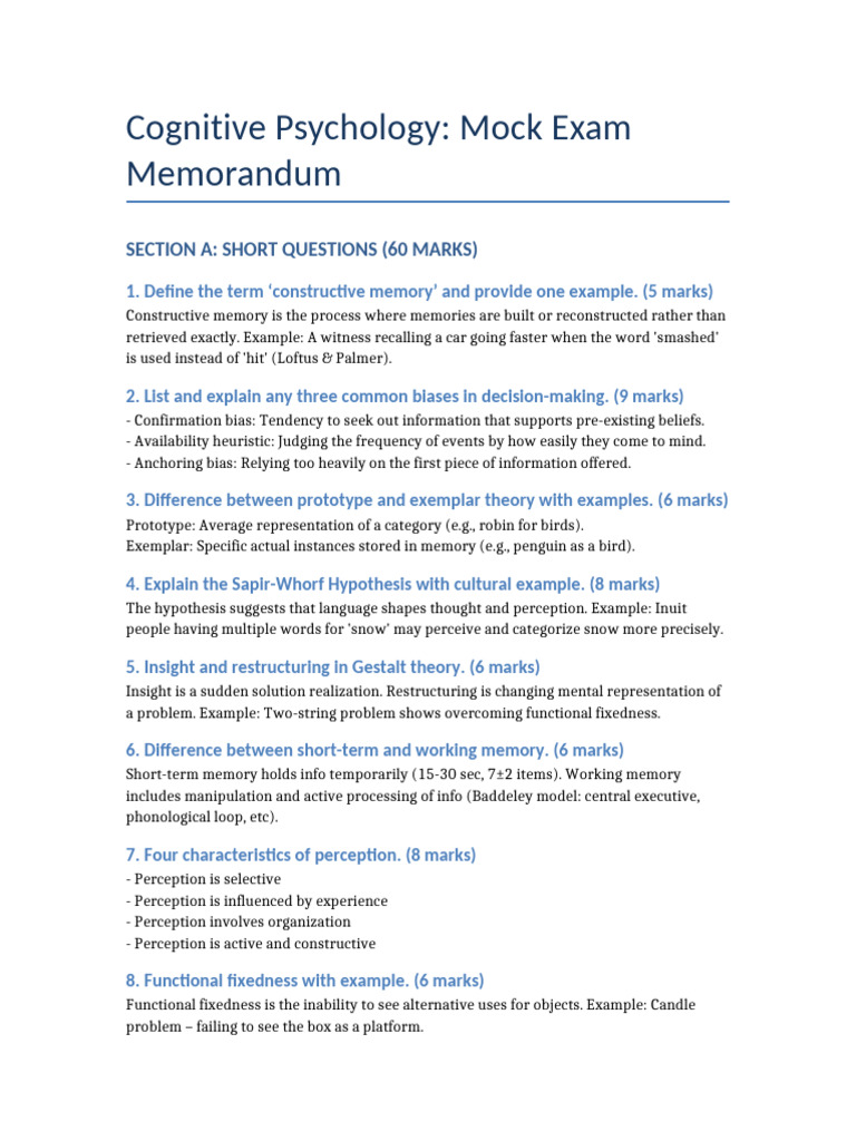 Cognitive Psychology Mock Exam Memo | PDF | Memory | Semantics