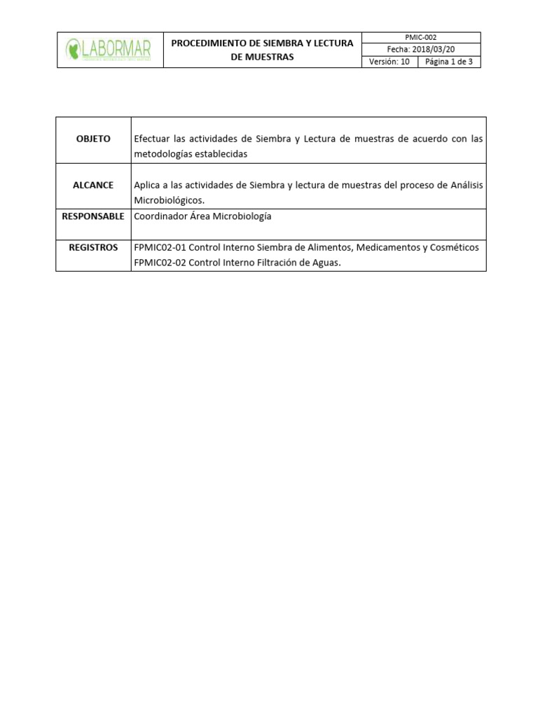 PMIC-002 PROCEDIMIENTO DE SIEMBRA Y LECTURA DE MUESTRAS | PDF | Laboratorios