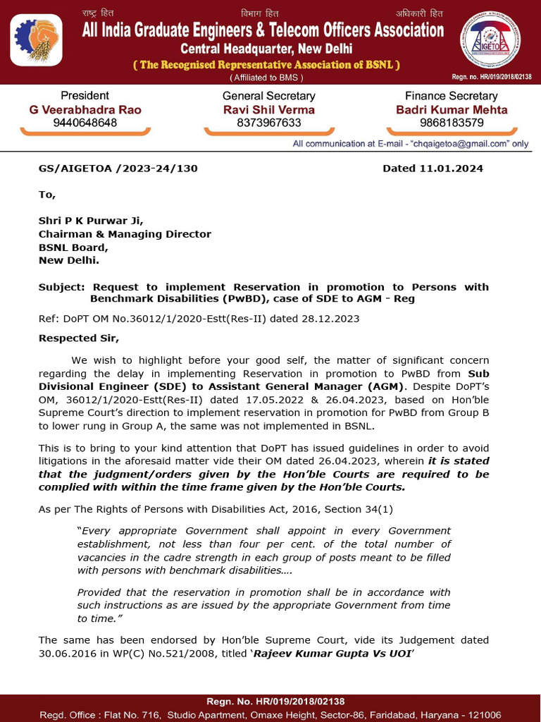 Gs Aigetoa 2023-24-127 Letter On Sde Promotions PWD Sde To Agm DTD 11. ...