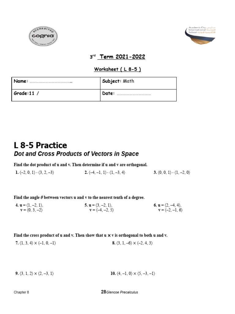 L 8-5 Practice: Dot and Cross Products of Vectors in Space | PDF