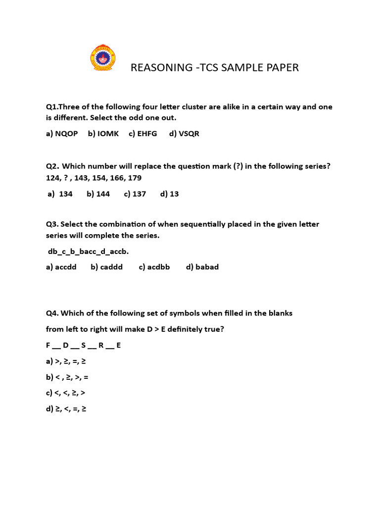 TCS Reasoning Sample Paper Questions | PDF