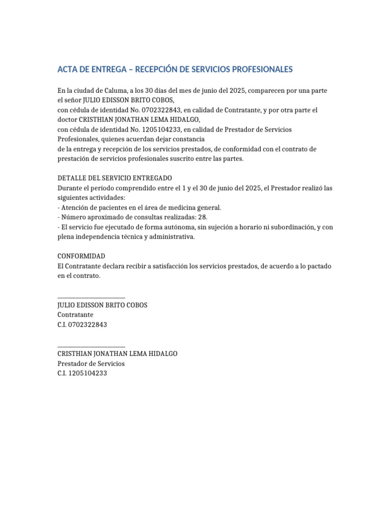 Acta de Entrega de Servicios Médicos | PDF | Cuidado de la salud | Medicina