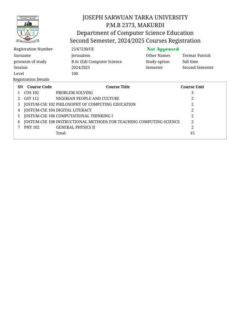 2024/2025 Computer Science Course Registration | PDF