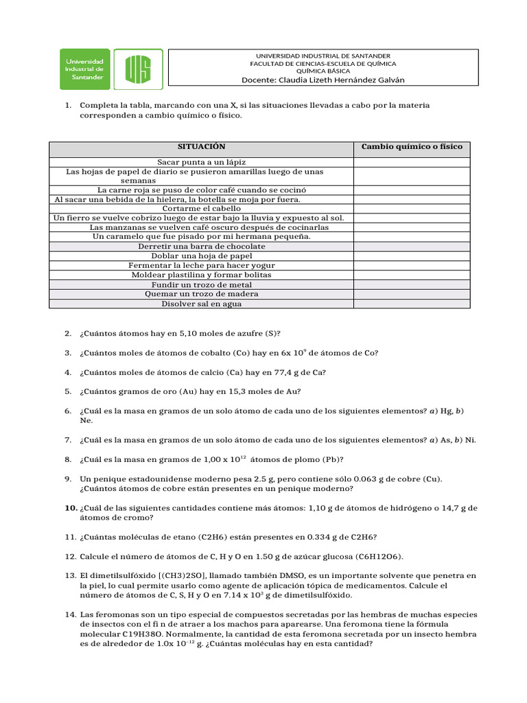 Taller 2. Materia, Ã¡tomos, Molã©culas, Mol | PDF | Materiales | Química