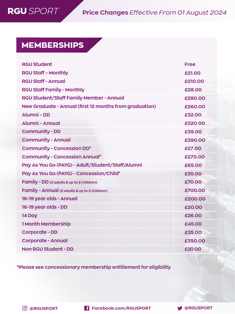 RGU Sport Membership Pricing Update | PDF | Sports | Athletic Sports