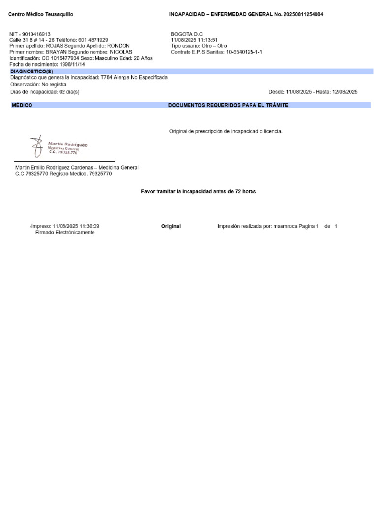 Incapacidad Brayan 11 Ago 2025 | PDF