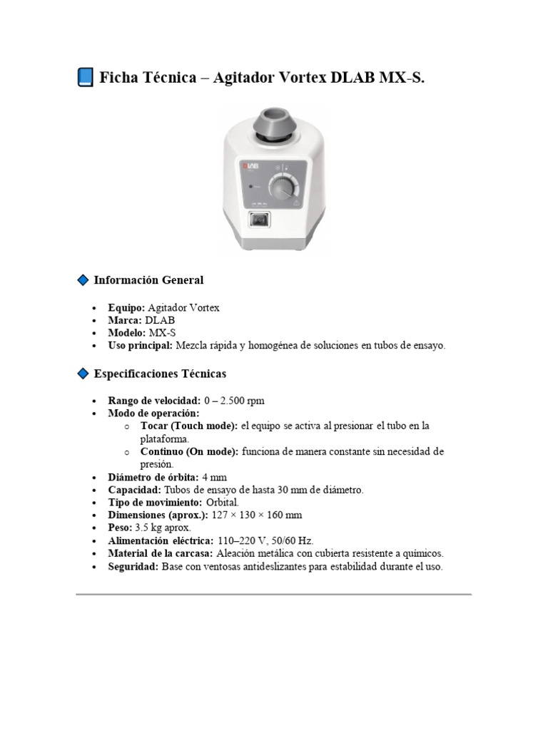 Ficha Técnica Agitador Vortex | PDF