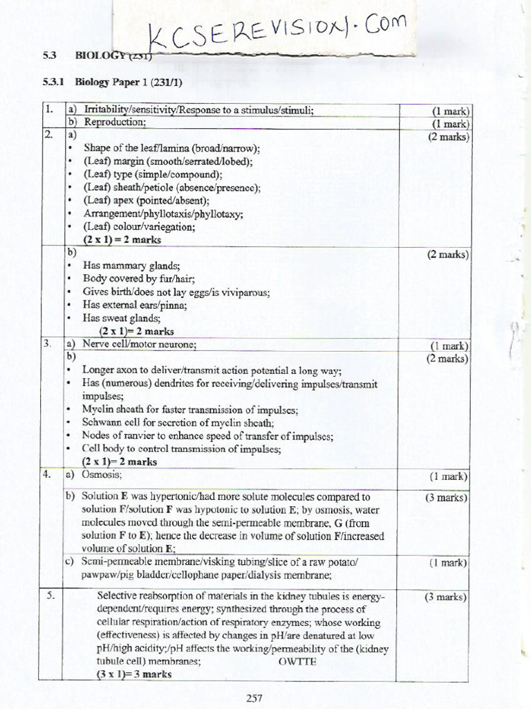 2019 Kcse Knec Biology Paper 1 Marking Scheme | PDF