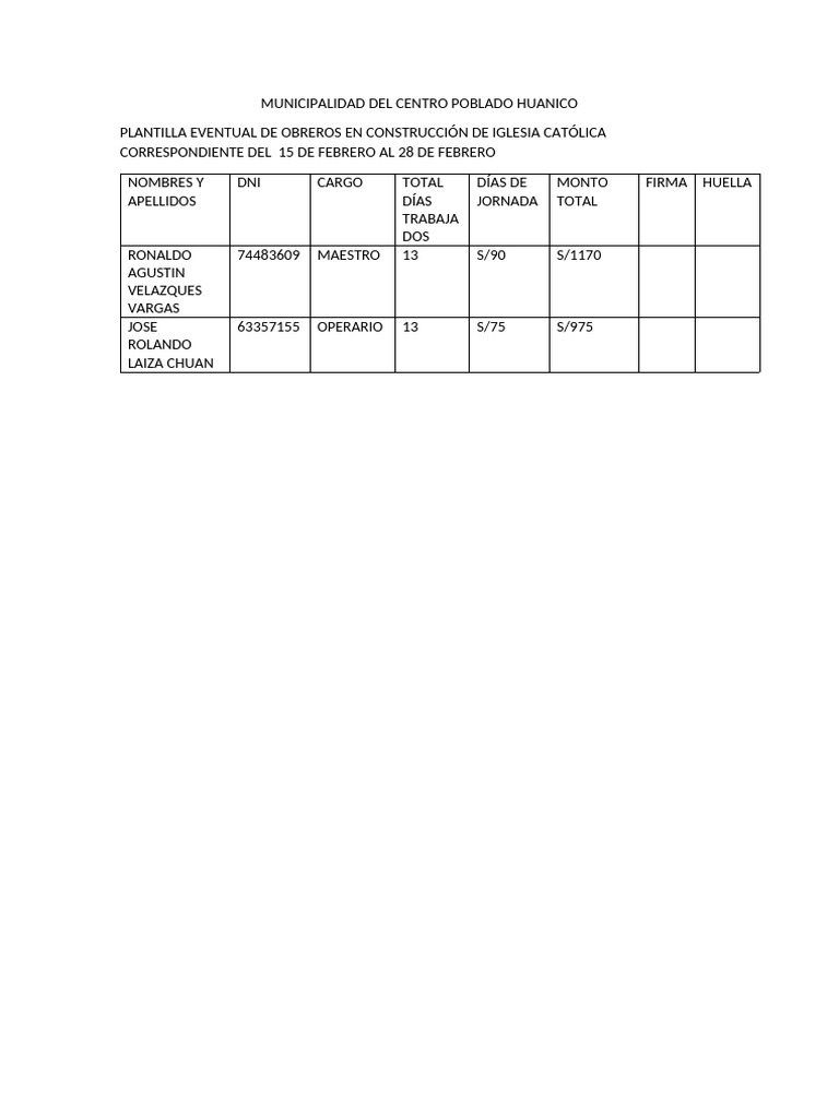 Planilla de Febrero. | PDF