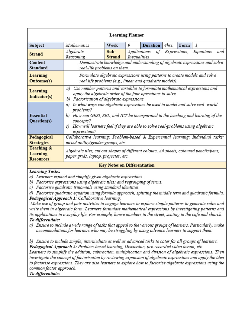 Learning Planner Mathematics Sample | PDF | Factorization | Algebra