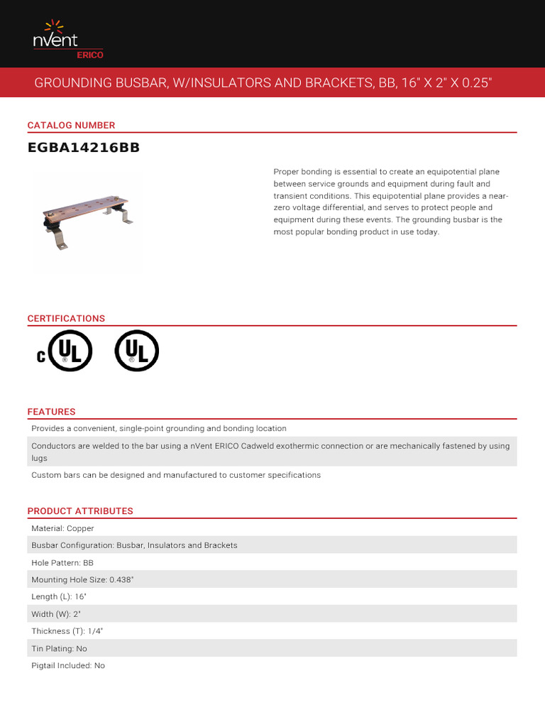 NVent ERICO Grounding Busbar W Insulators and Brackets BB 16 Quot X 2 ...