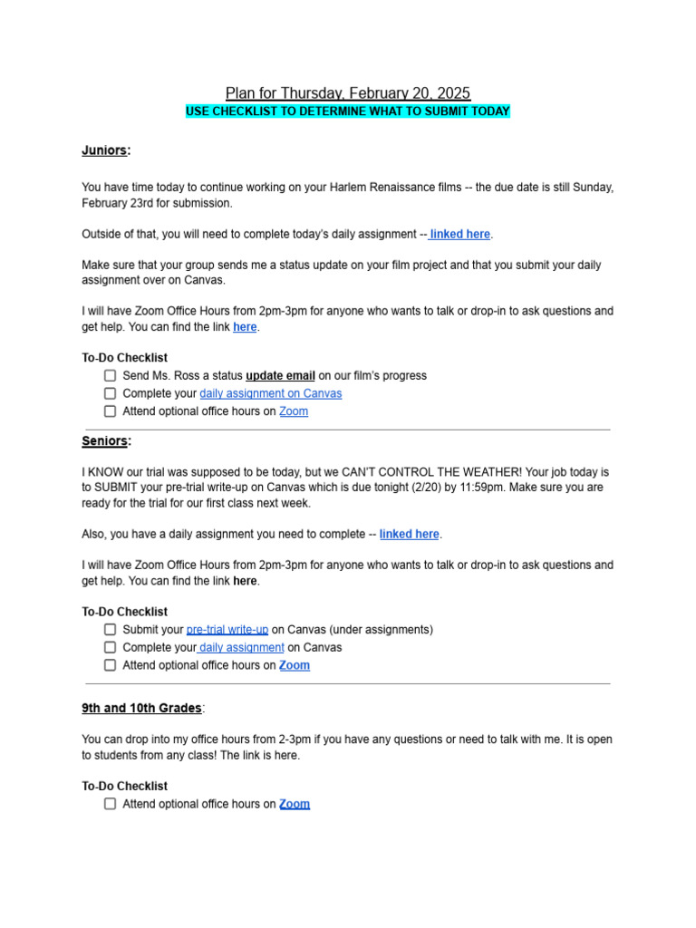 Plan For Thursday, February 20, 2025-3 | PDF