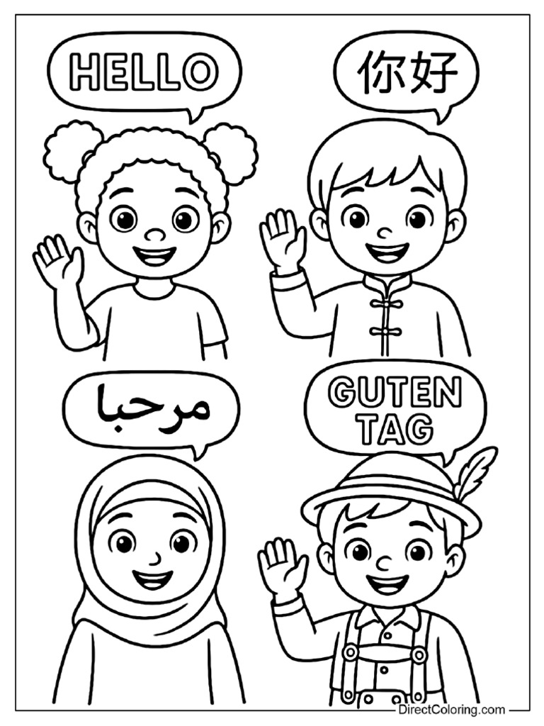 Say Hello Around The World Coloring Page | PDF
