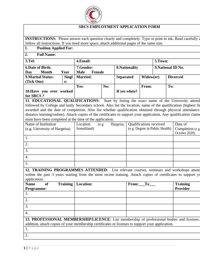 SRCS Employment Application Form | PDF