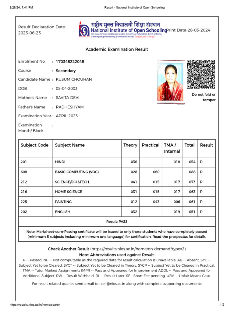 NIOS April 2023 Secondary Result | PDF