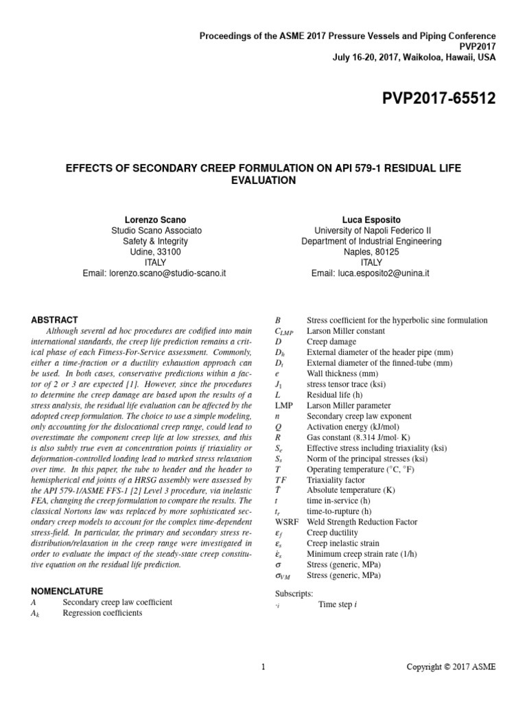 Effects of Secondary Creep Formulation On API 579-1 Residual Life ...