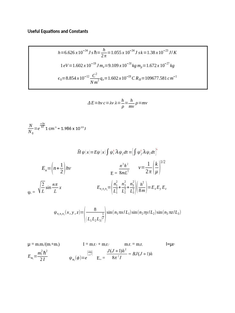 Exam 1 and 2 Equation Sheet | PDF