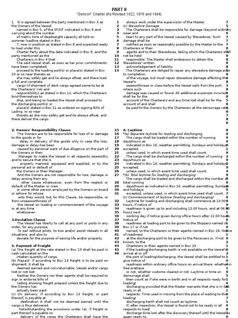 Gencon Charter Party Overview 1994 | PDF | Cargo | Shipping