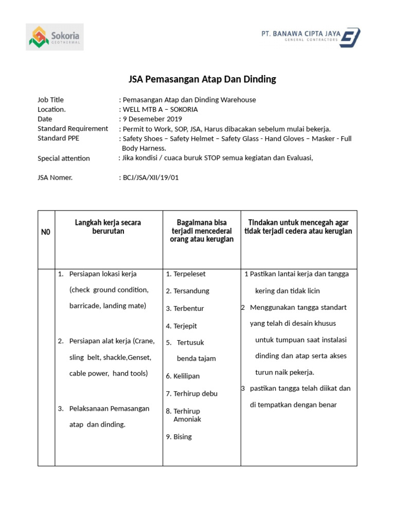 JSA Pemasangan Atap dan Dinding Warehouse | PDF