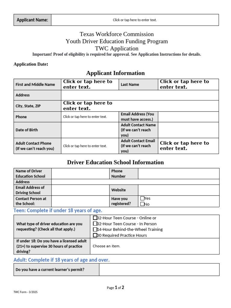 TWC Driver Education Funding Application | PDF | Driving